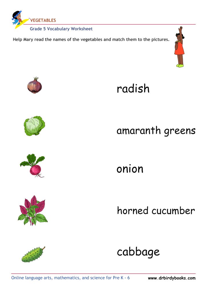 Grade 5 Vocabulary: Match the Vegetable to the Word Worksheet